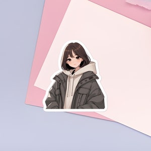 Korean Webtoon Girl Wearing Oversized Sweater and Jacket | Vinyl ...