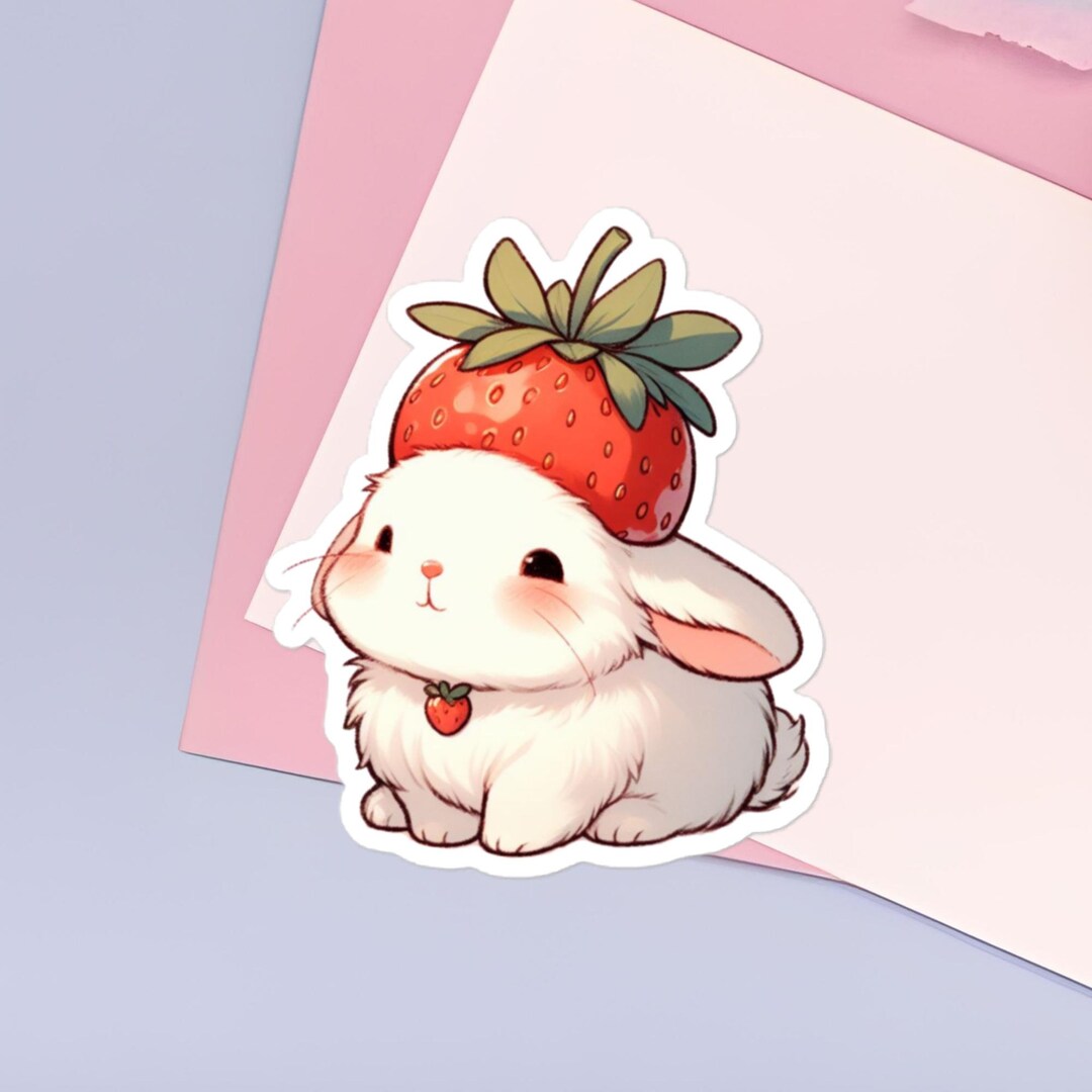 Cute Happy Bunny With Strawberry Hat Sticker - Etsy
