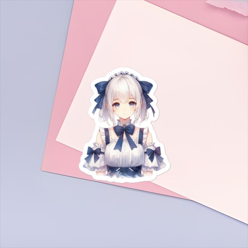 Pretty Anime Girl White Hair and Navy Blue Ribbons Sticker - Etsy