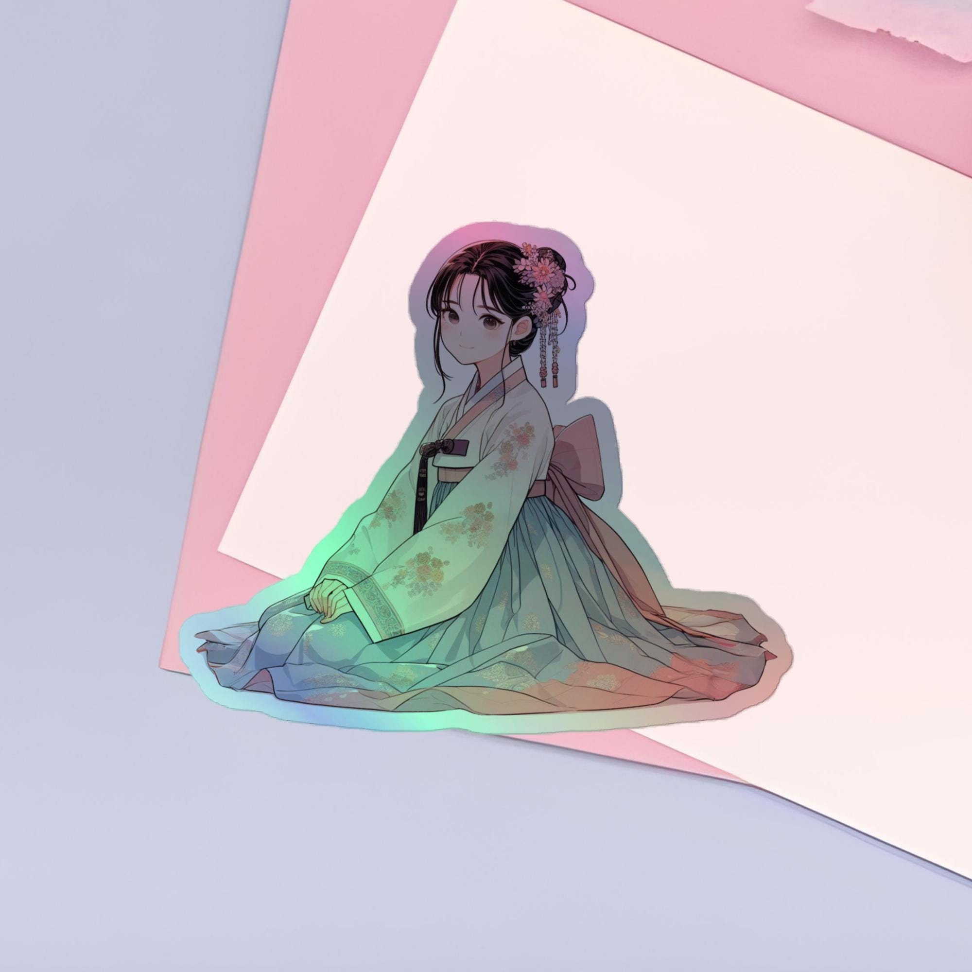 Korean Webtoon Girl in Pretty Hanbok Holographic Vinyl Sticker | Cute ...