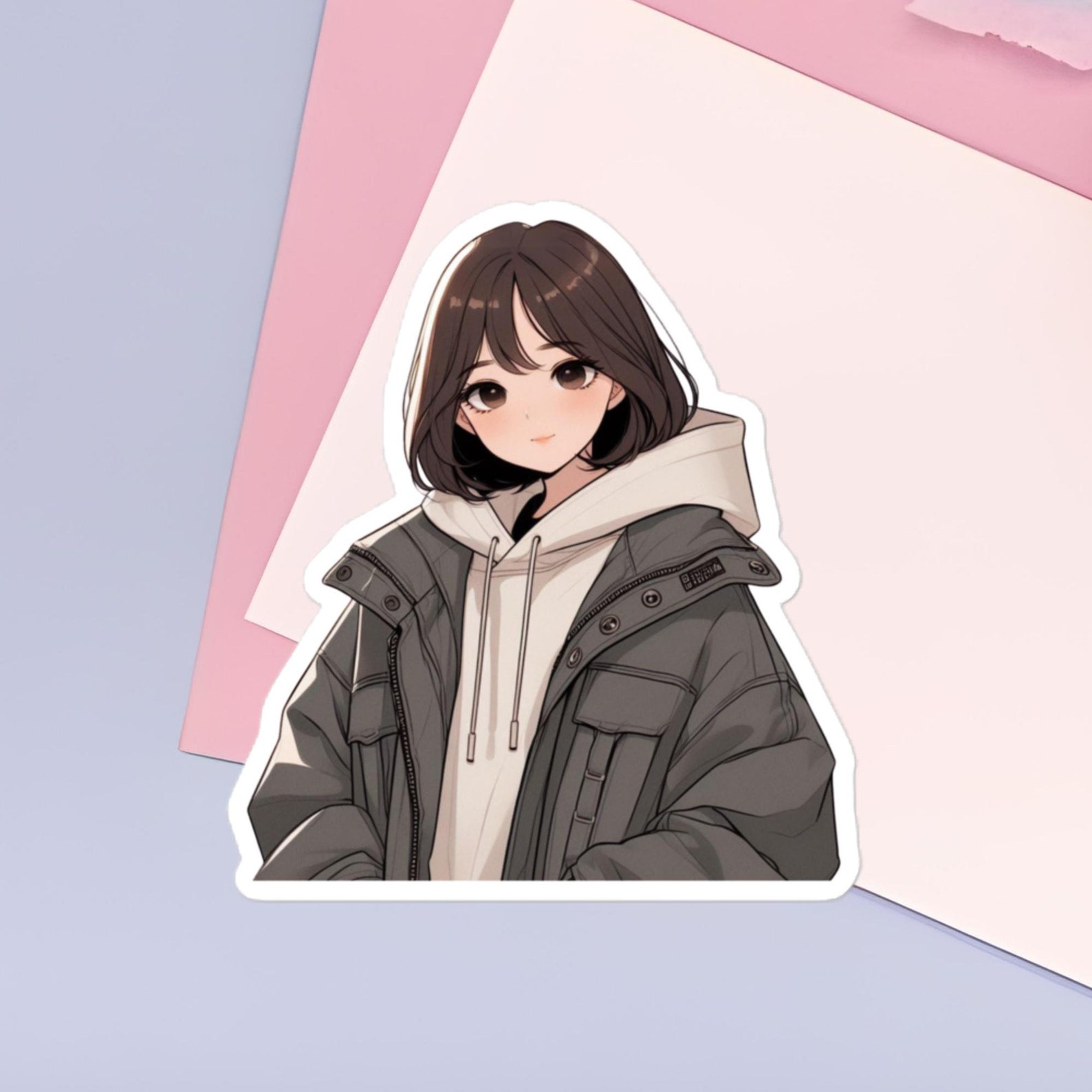 Korean Webtoon Girl Wearing Oversized Sweater and Jacket Vinyl Sticker ...
