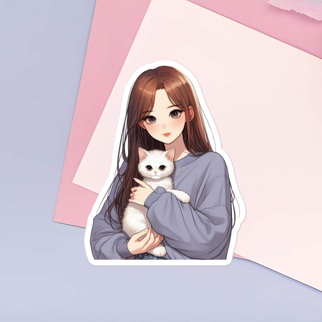 Korean Webtoon Girl Holding Adorable White Cat Sticker - Etsy