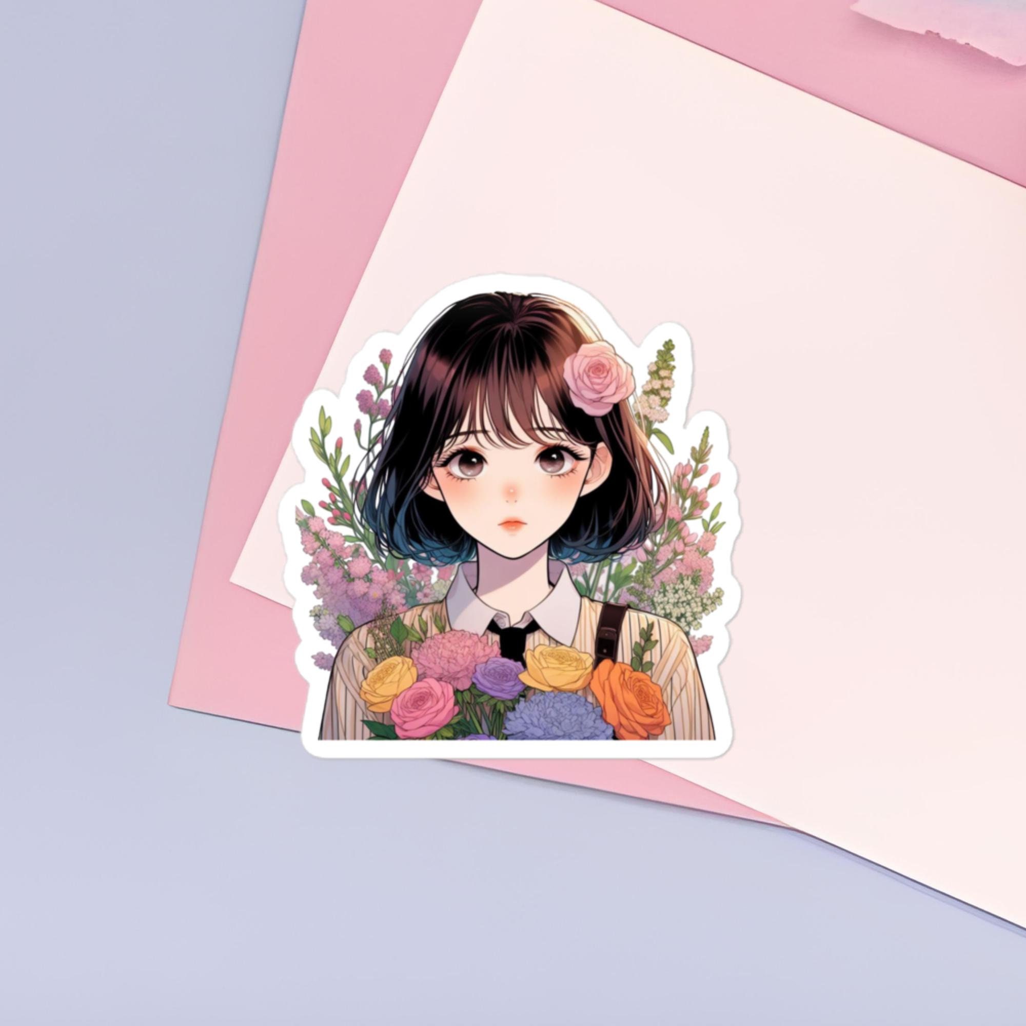 Korean Webtoon Girl With Flowers Stickers - Etsy