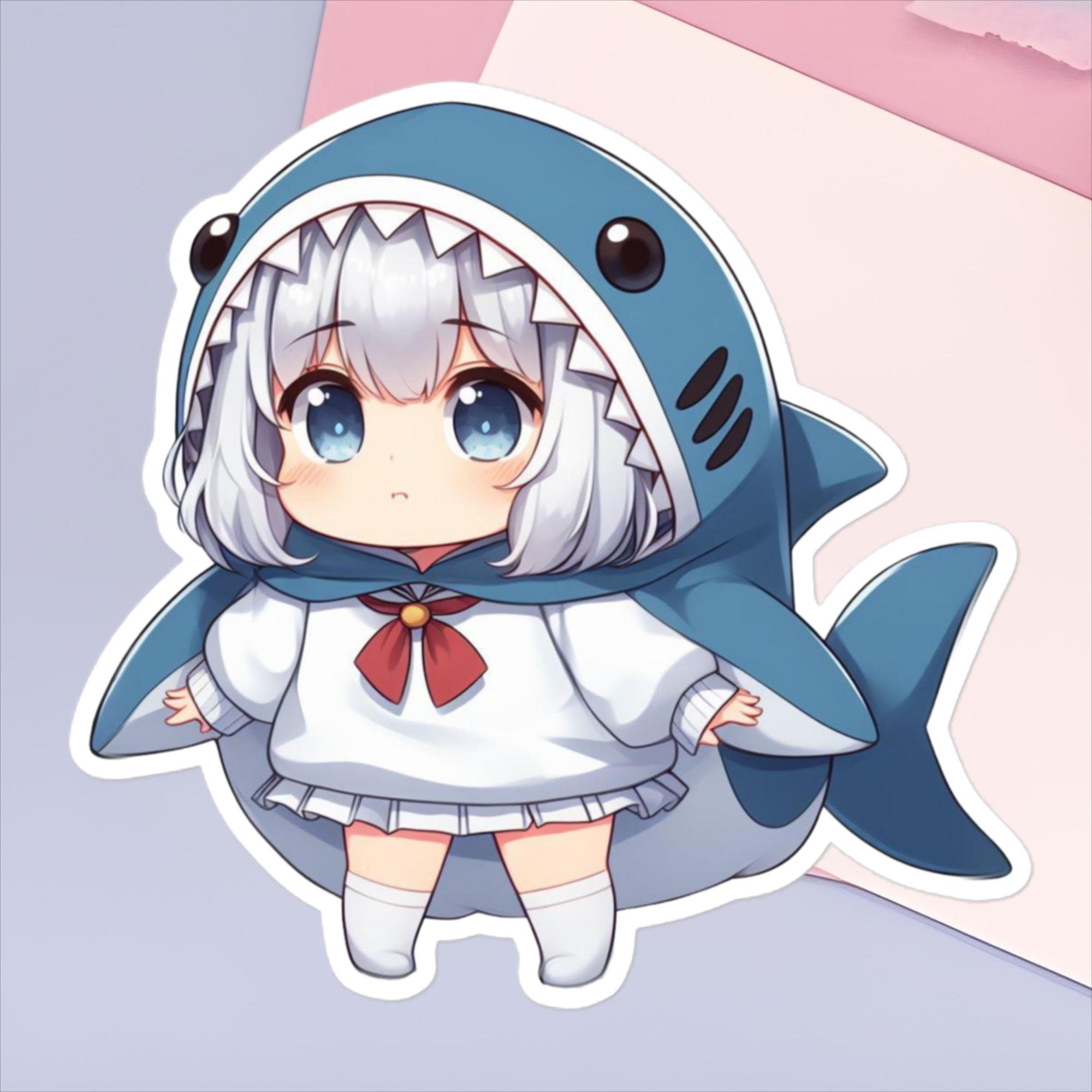 Adorable Chibi Anime Girl White Hair and Blue Shark Costume Sticker - Etsy