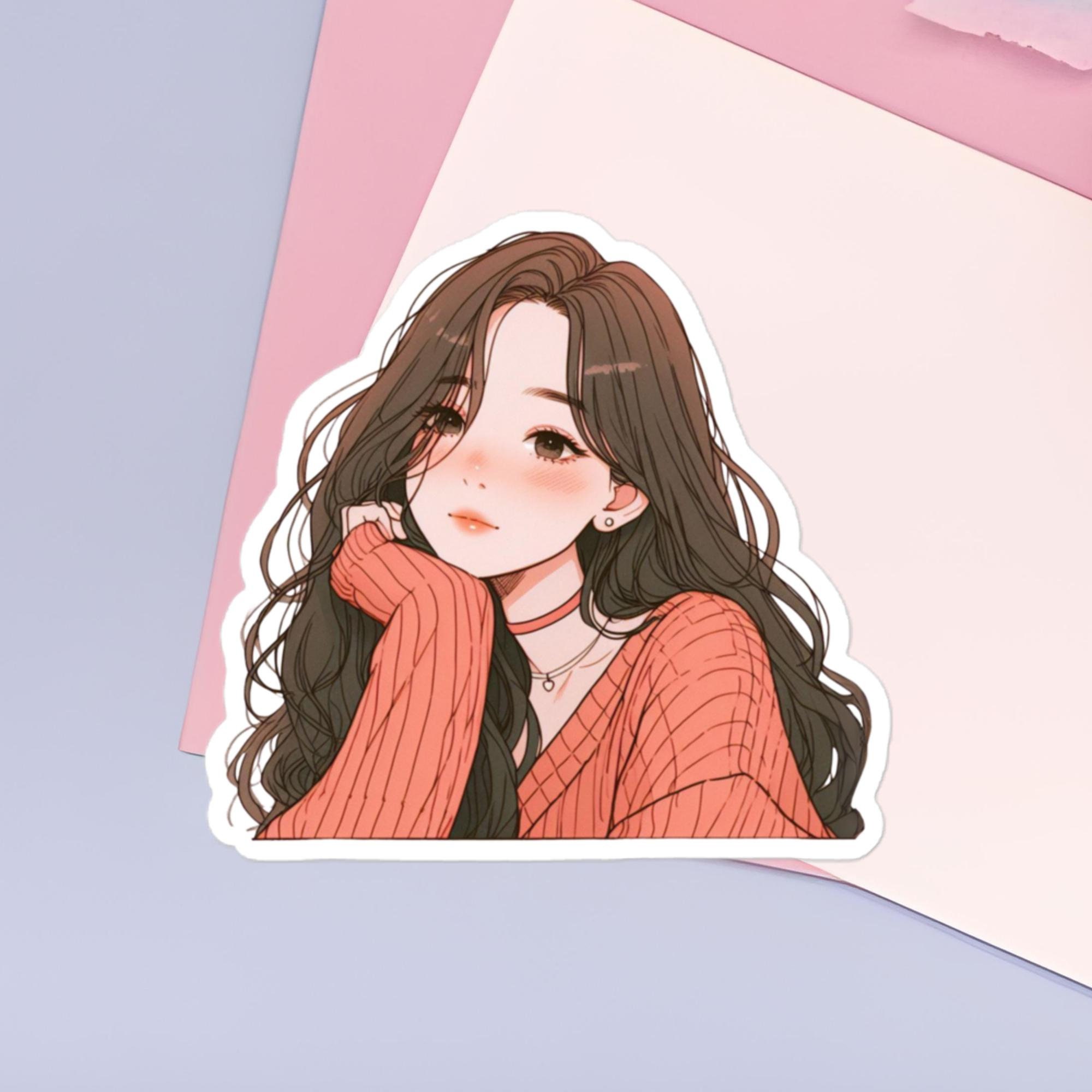 Pretty Korean Webtoon Girl in Oversized Sweater Sticker - Etsy