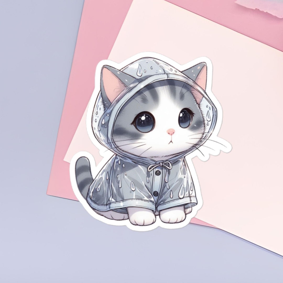 Cute Grey Cat in a Raincoat Sticker - Etsy