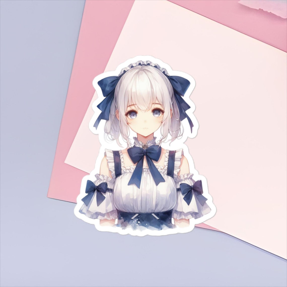 Pretty Anime Girl White Hair and Navy Blue Ribbons Sticker - Etsy