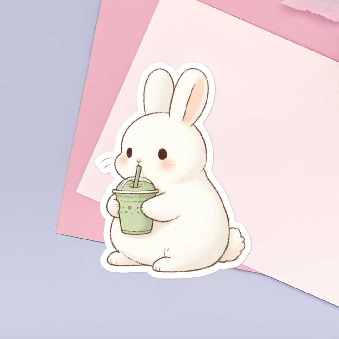 Adorable Simple Bunny Drinking Matcha Drink Vinyl Sticker Kawaii Cute ...