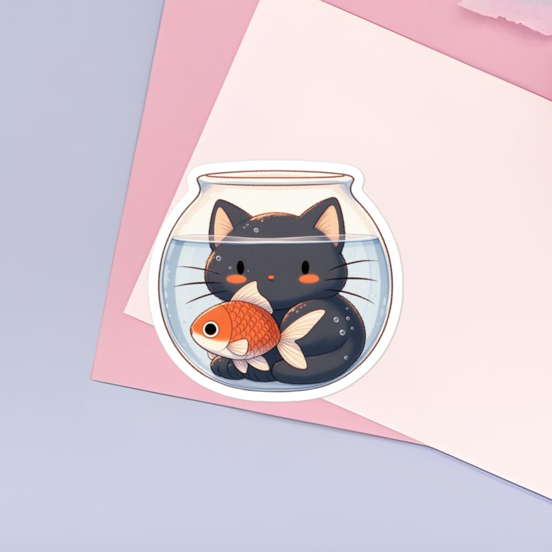 Minimalist Style Cat in a Fishbowl With Goldfish Vinyl Sticker Cute ...