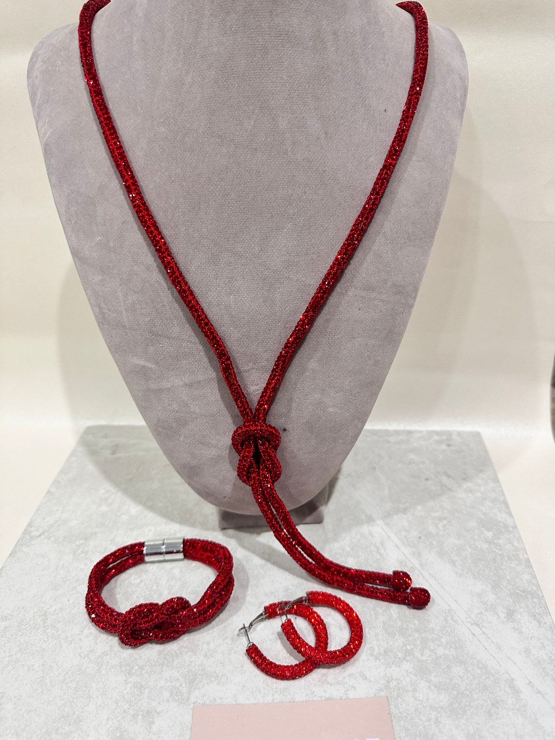 Red Rhinstones Long Necklace Long Necklace Red Crystal Rhinestones Knot ...