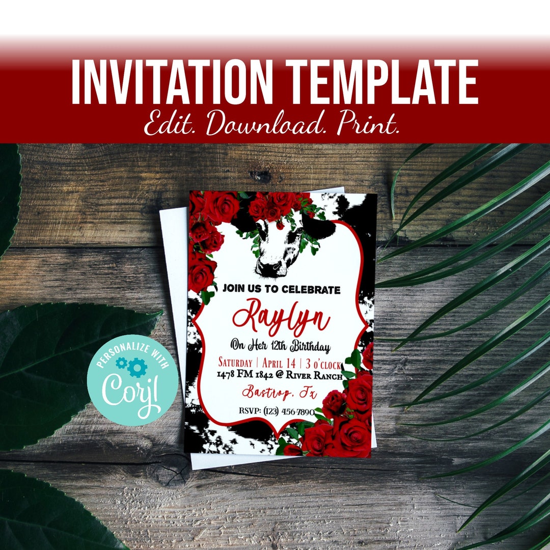 Editable Cow Birthday Invitation, Cow Party Invitation Download ...