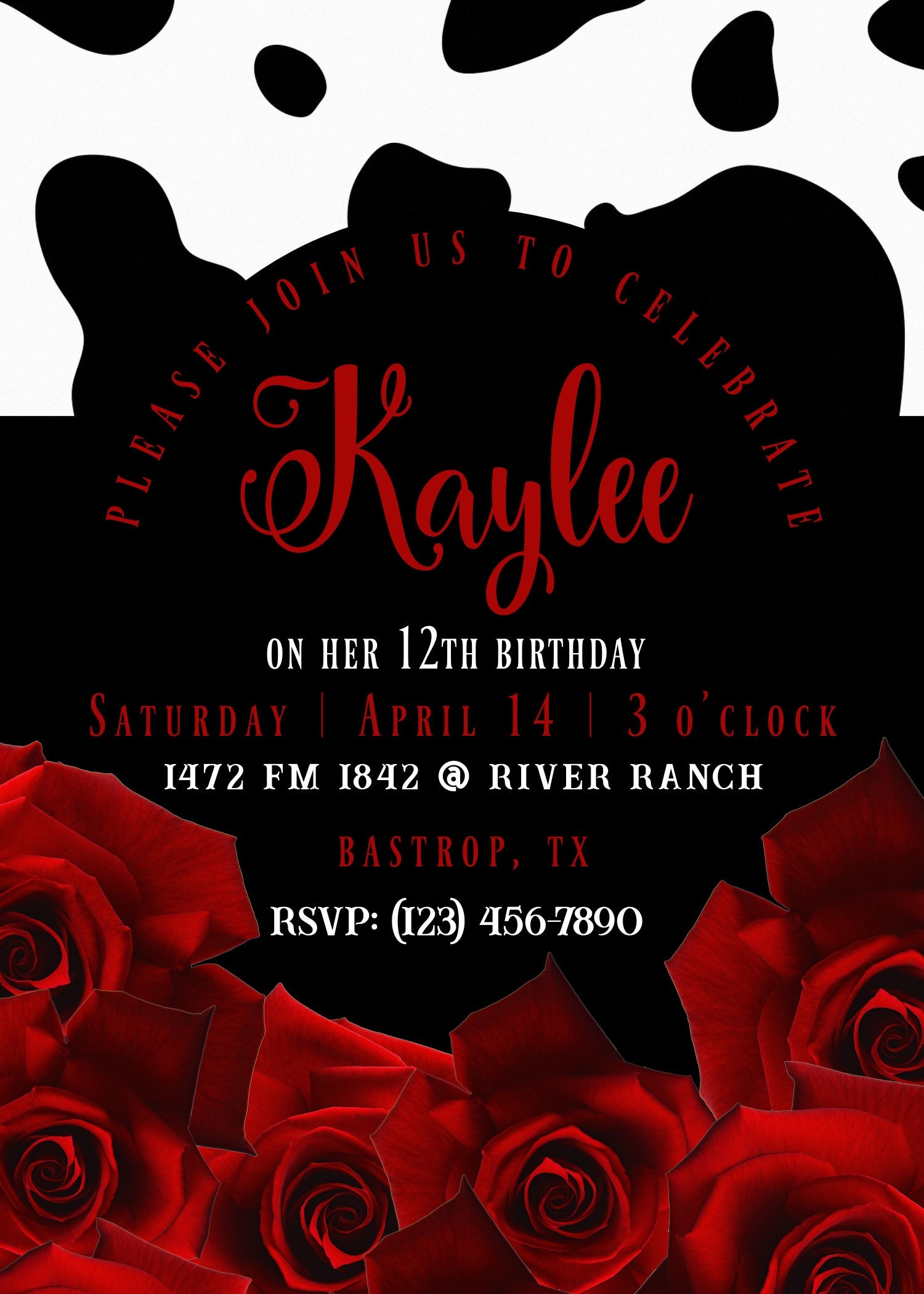 Cow Print and Roses Birthday Invitation Template Digital Cow Print ...
