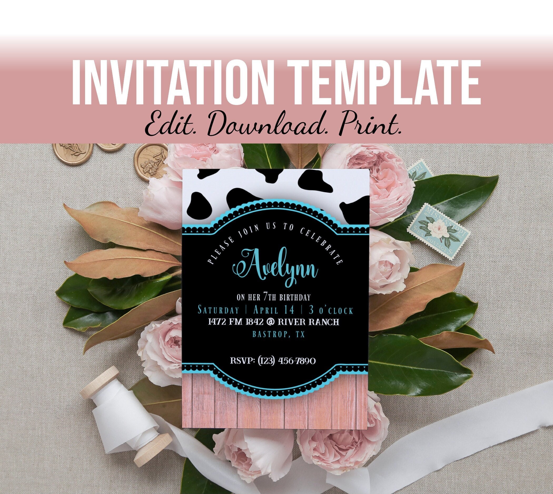 Editable Pink Cowgirl Invitation Blush Cow Print Birthday - Etsy