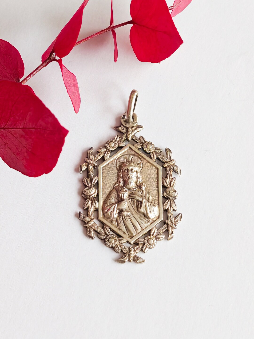 Old Victorian Religious Medal Jesus First Communion Flowers Silver Art ...