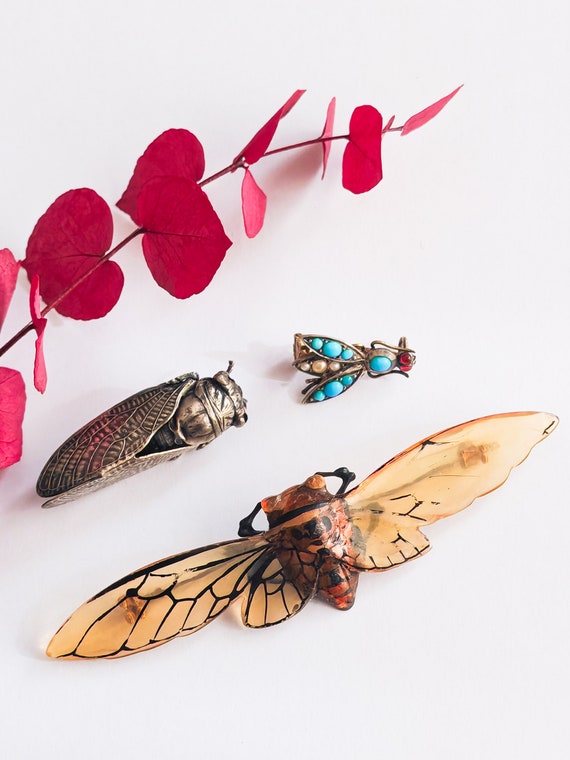 Old Victorian insect fly brooch ruby turquoise beads … - Gem