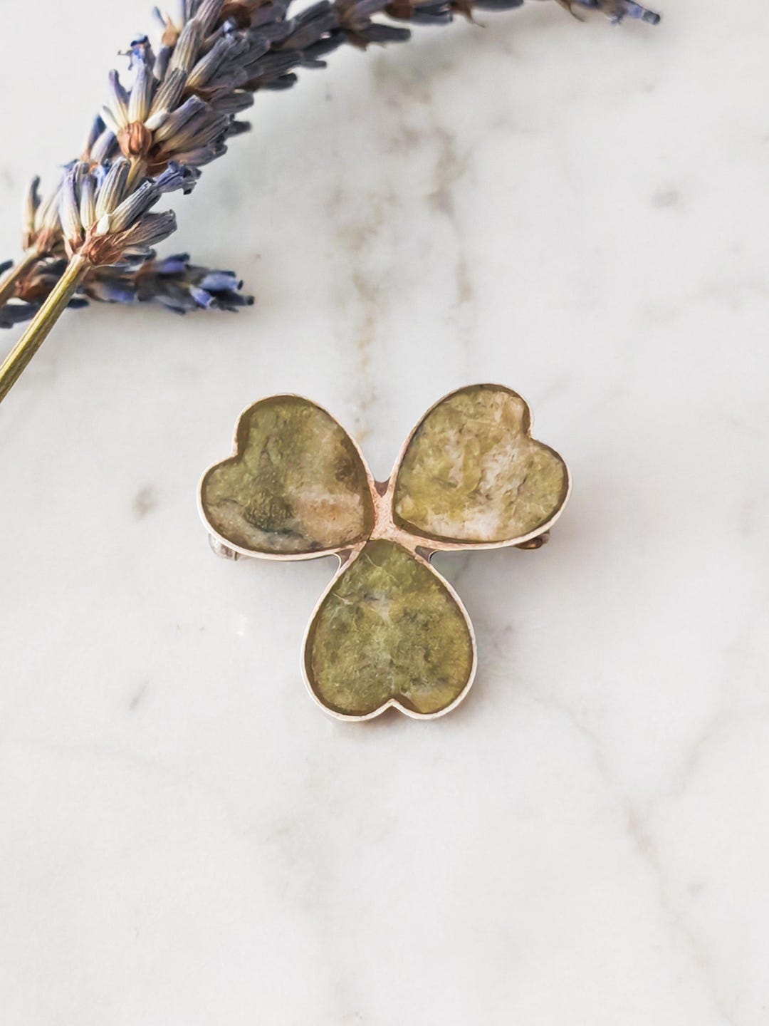 Antique Connemara Marble Shamrock Clover Brooch Sterling Silver Ireland ...