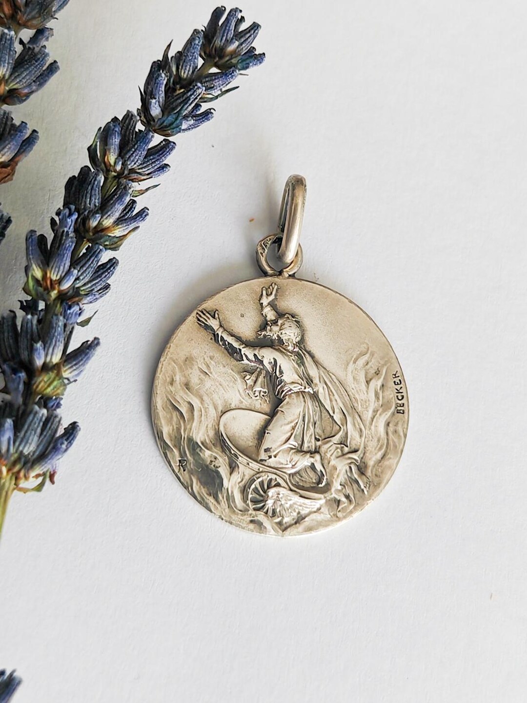 Antique Edwardian Religious Medal Saint Elijah Signed Becker Silver Art ...