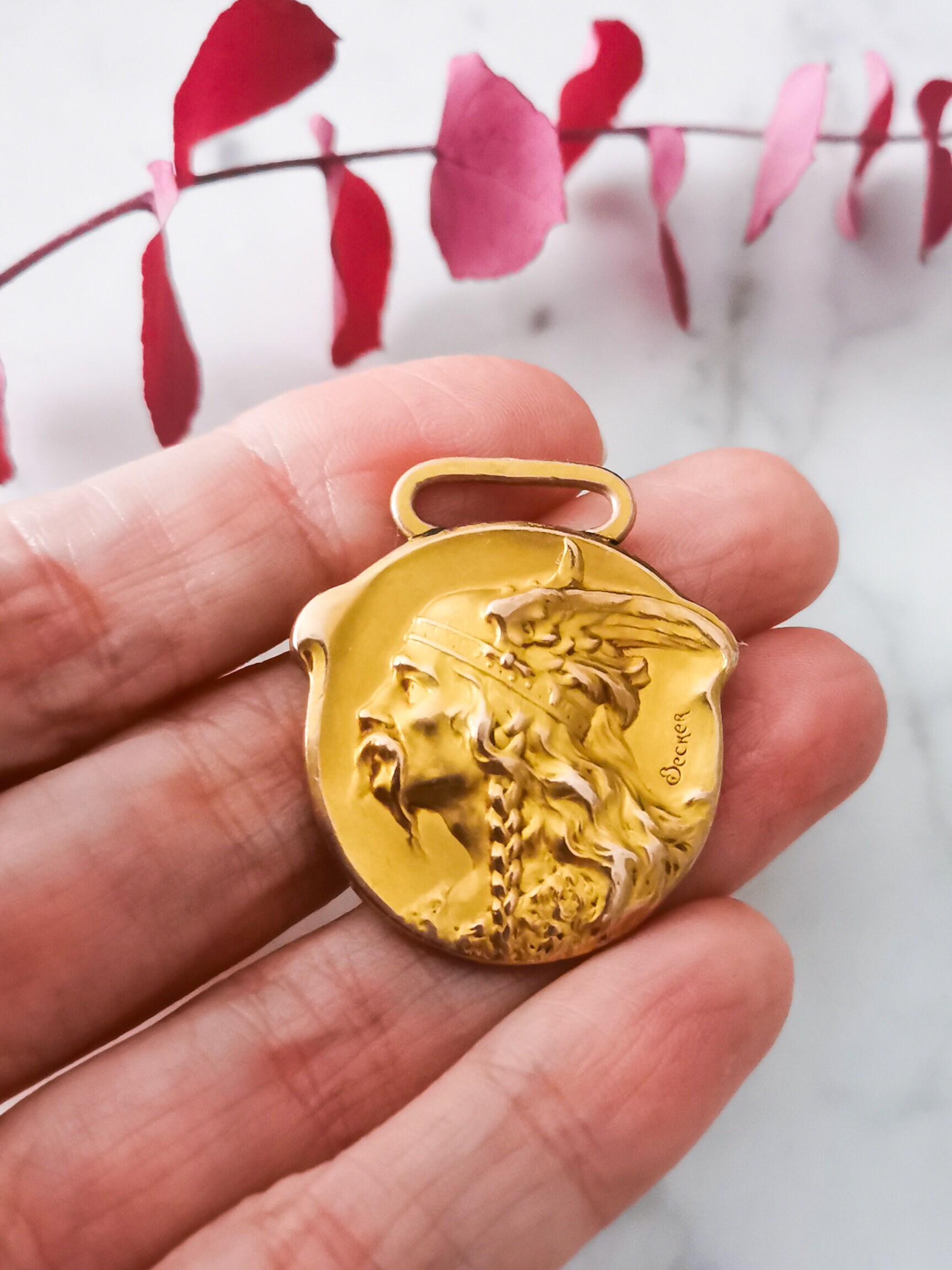 Old Edwardian Pendant Gallic Warrior Medal FIX Maison Savard Brass ...