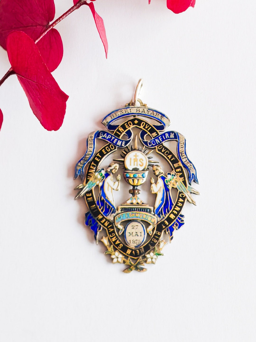 Old Victorian Religious Medal First Communion Guardian Angels Blue ...