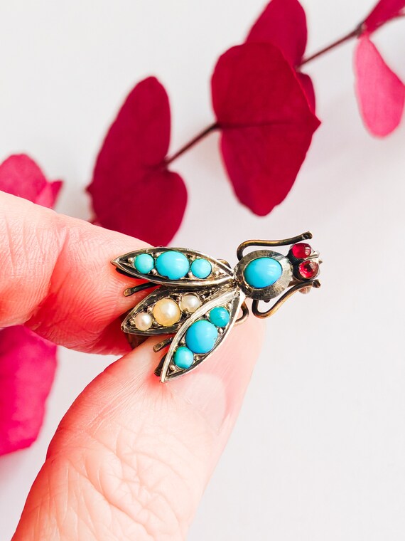 Old Victorian insect fly brooch ruby turquoise beads … - Gem