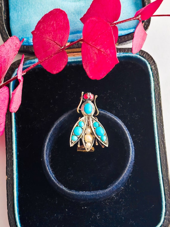 Old Victorian insect fly brooch ruby turquoise beads … - Gem