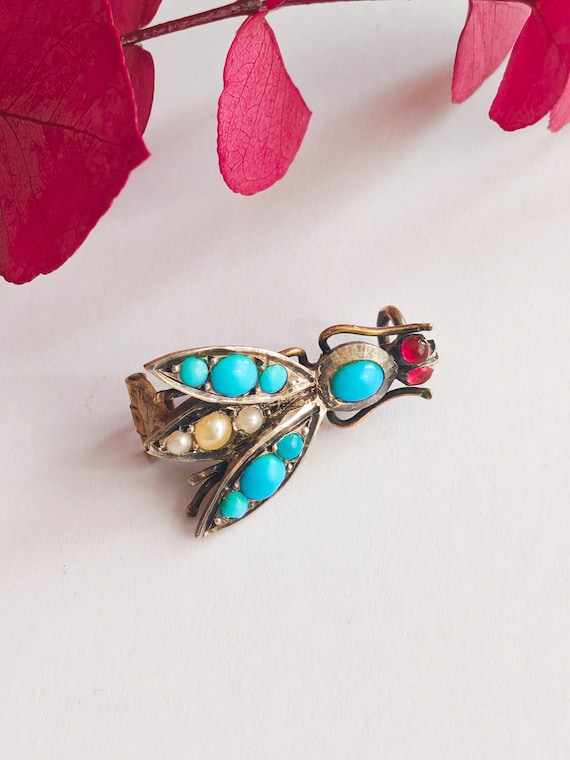 Old Victorian insect fly brooch ruby turquoise beads … - Gem
