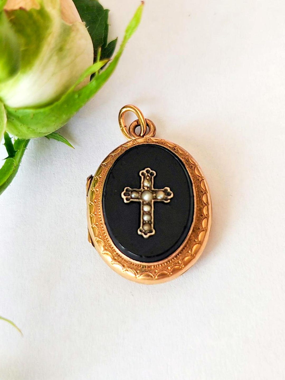 Antique Victorian Photo Locket, Hair Reliquary, Onyx Inlaid With Cross ...