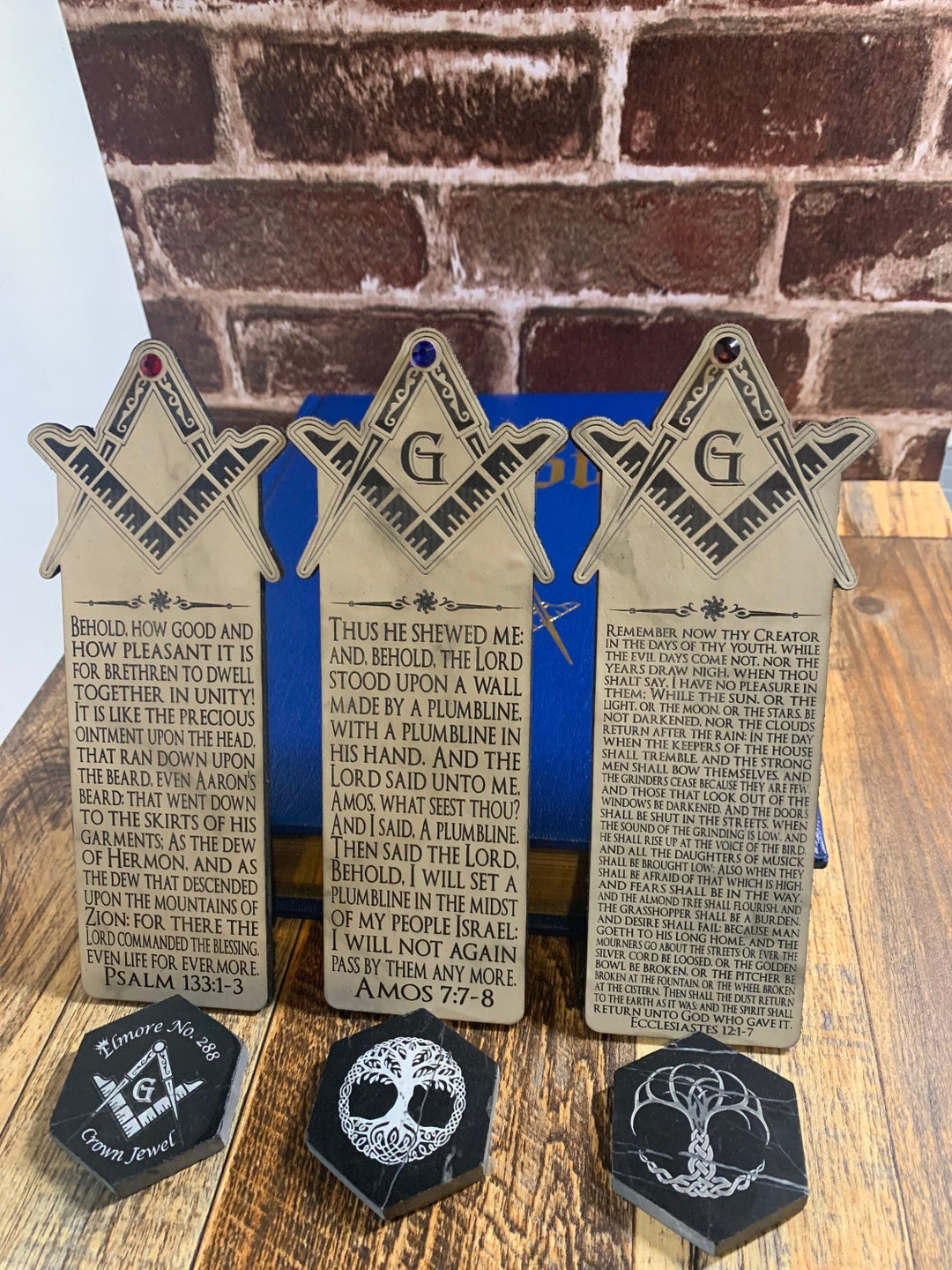 Masonic Freemasonry - Set of 3 Wood and Leather Bookmarks - Custom ...