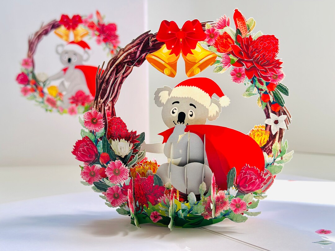 Merry Christmas Santa Koala & Australian Native Flower Wreath 3D Pop up ...