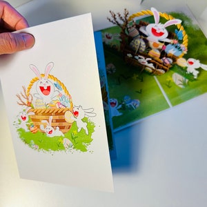 Happy Easter Bunny Basket Rabbit Egg Spring Flowers 3D Pop up Greeting ...