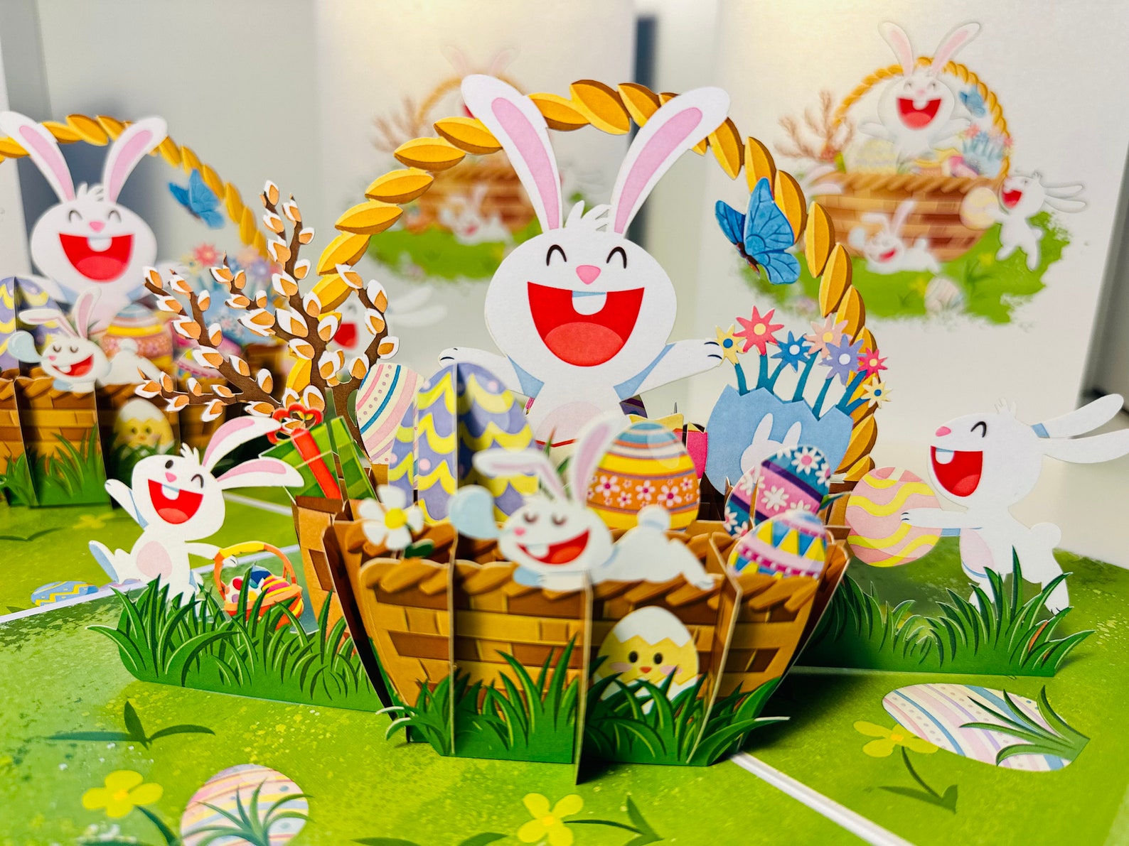Happy Easter Bunny Basket Rabbit Egg Spring Flowers 3D Pop up Greeting ...