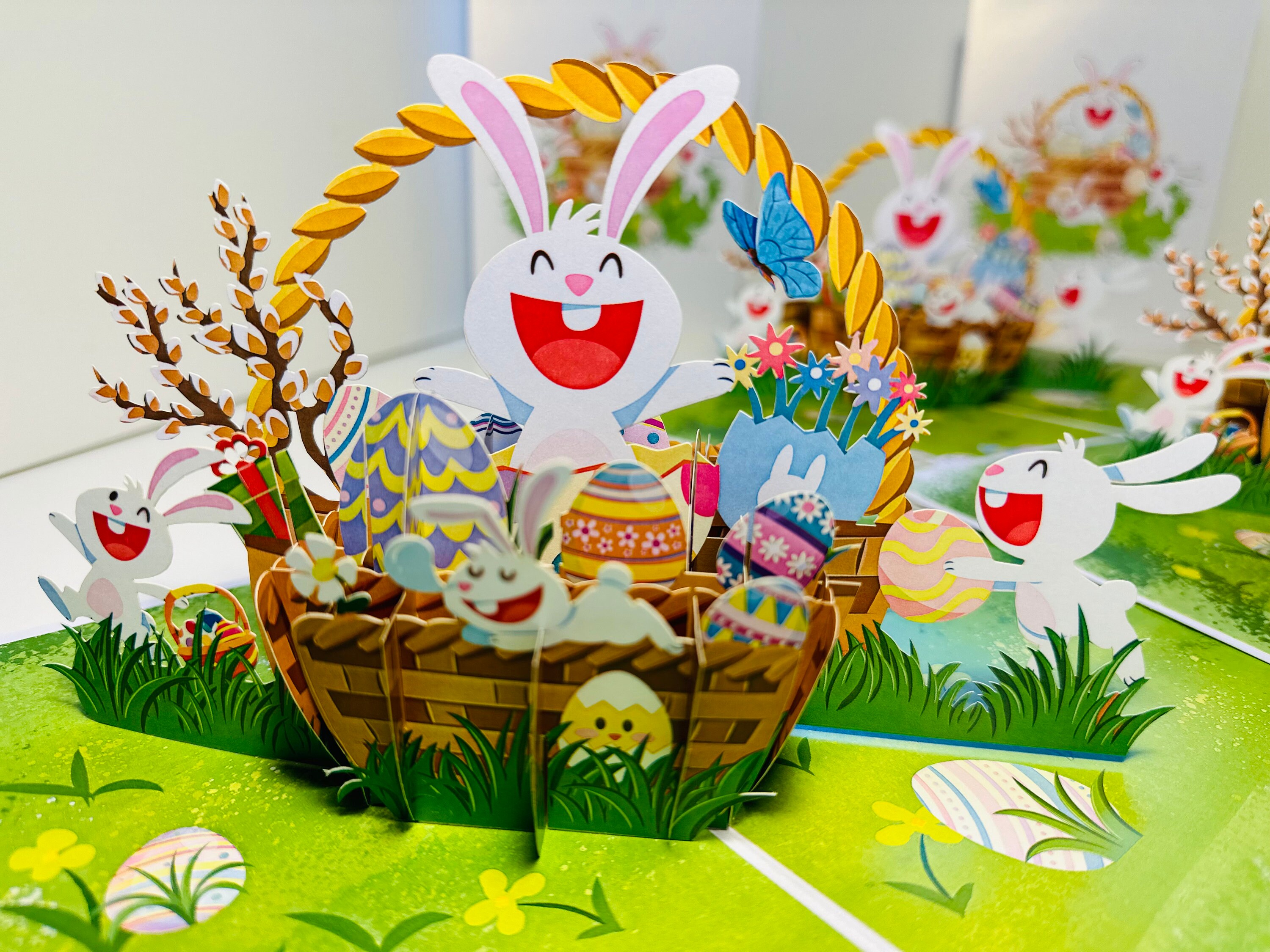 Happy Easter Bunny Basket Rabbit Egg Spring Flowers 3D Pop up Greeting ...