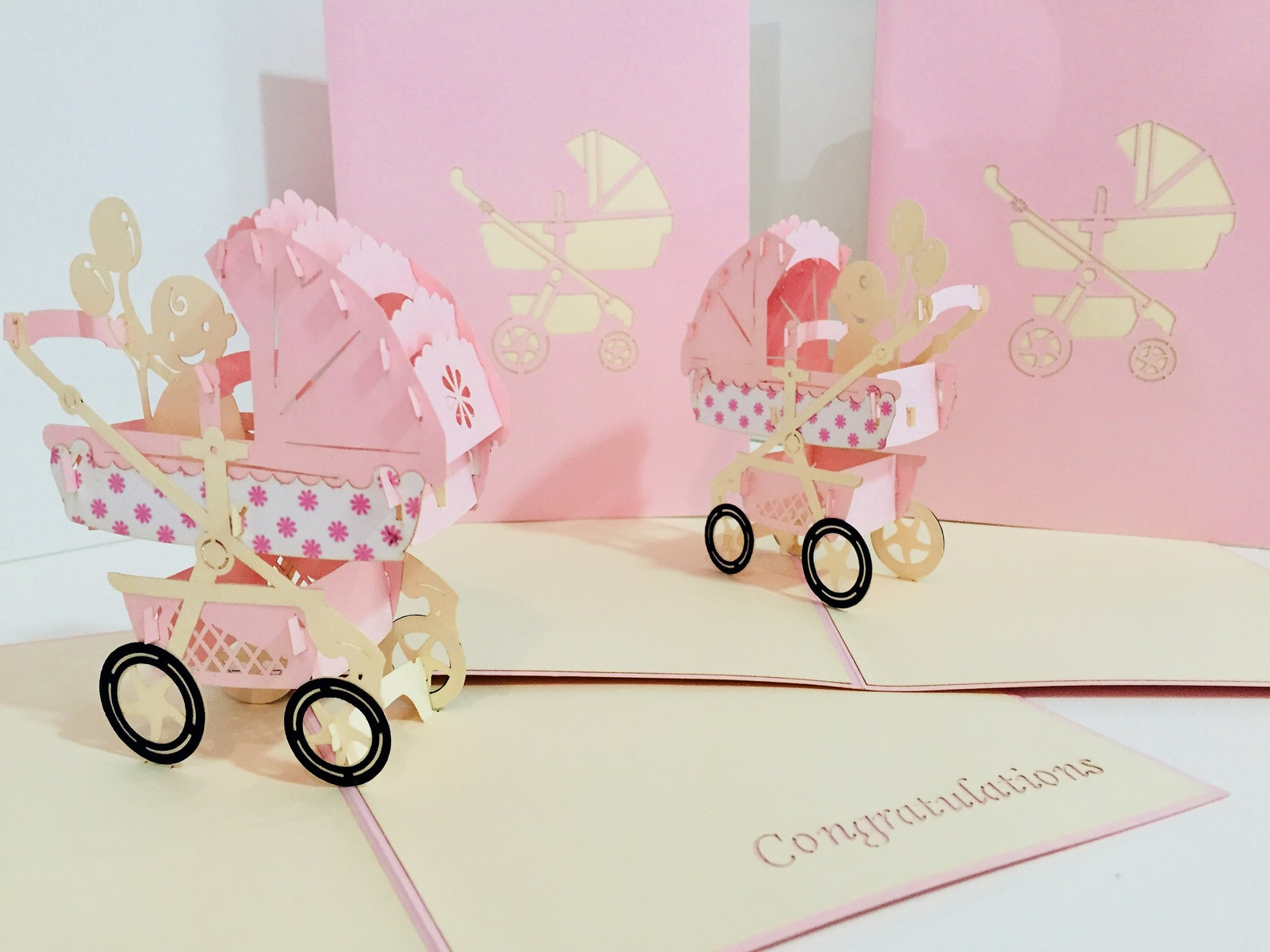 Baby Carriage Pram in Pink 3D Birthday Greeting Card Origami - Etsy