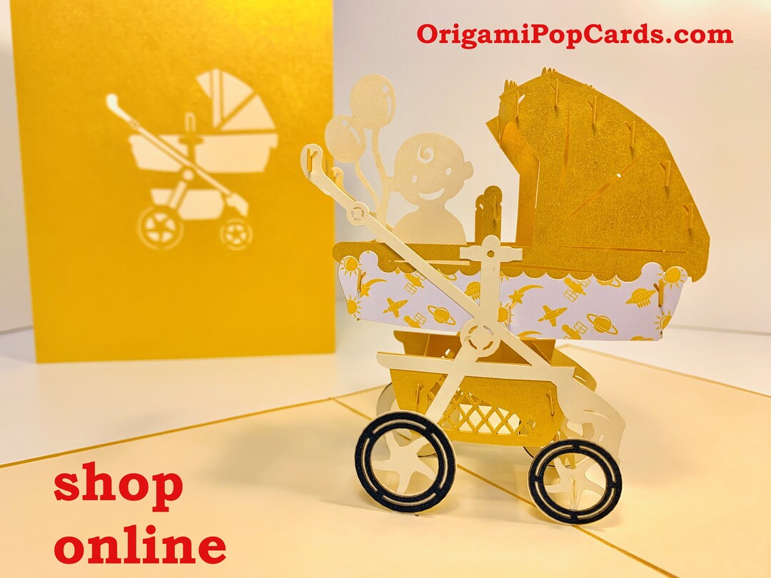Baby Carriage Pram Gold Pop up Greeting Card Created by Origami Pop ...