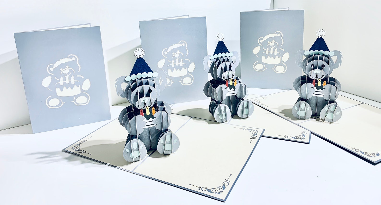 Silver Grey Birthday Teddy Bear Card Created by Origami Pop | Etsy