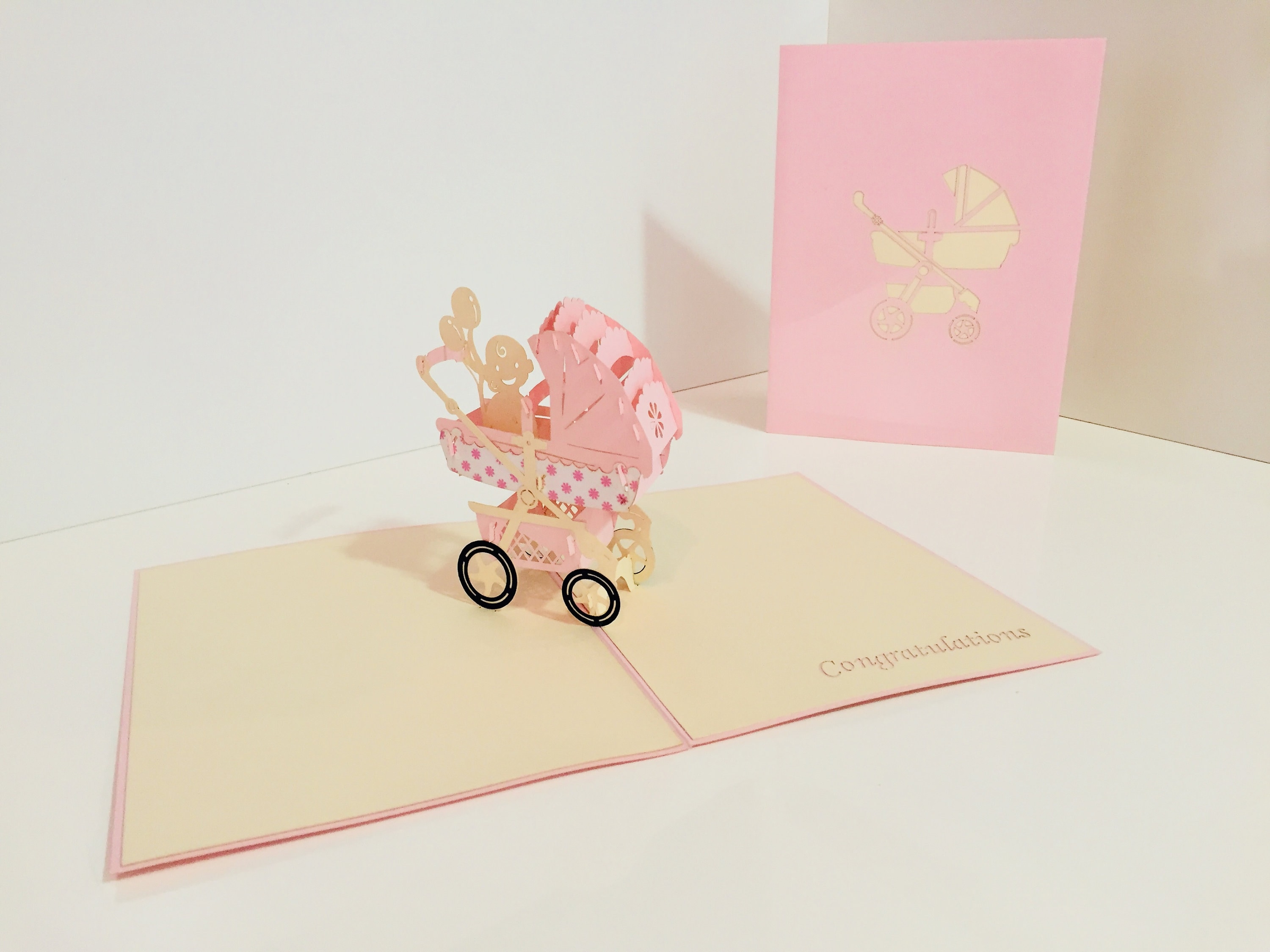 Baby Carriage Pram in Pink 3D Birthday Greeting Card Origami Handmade ...