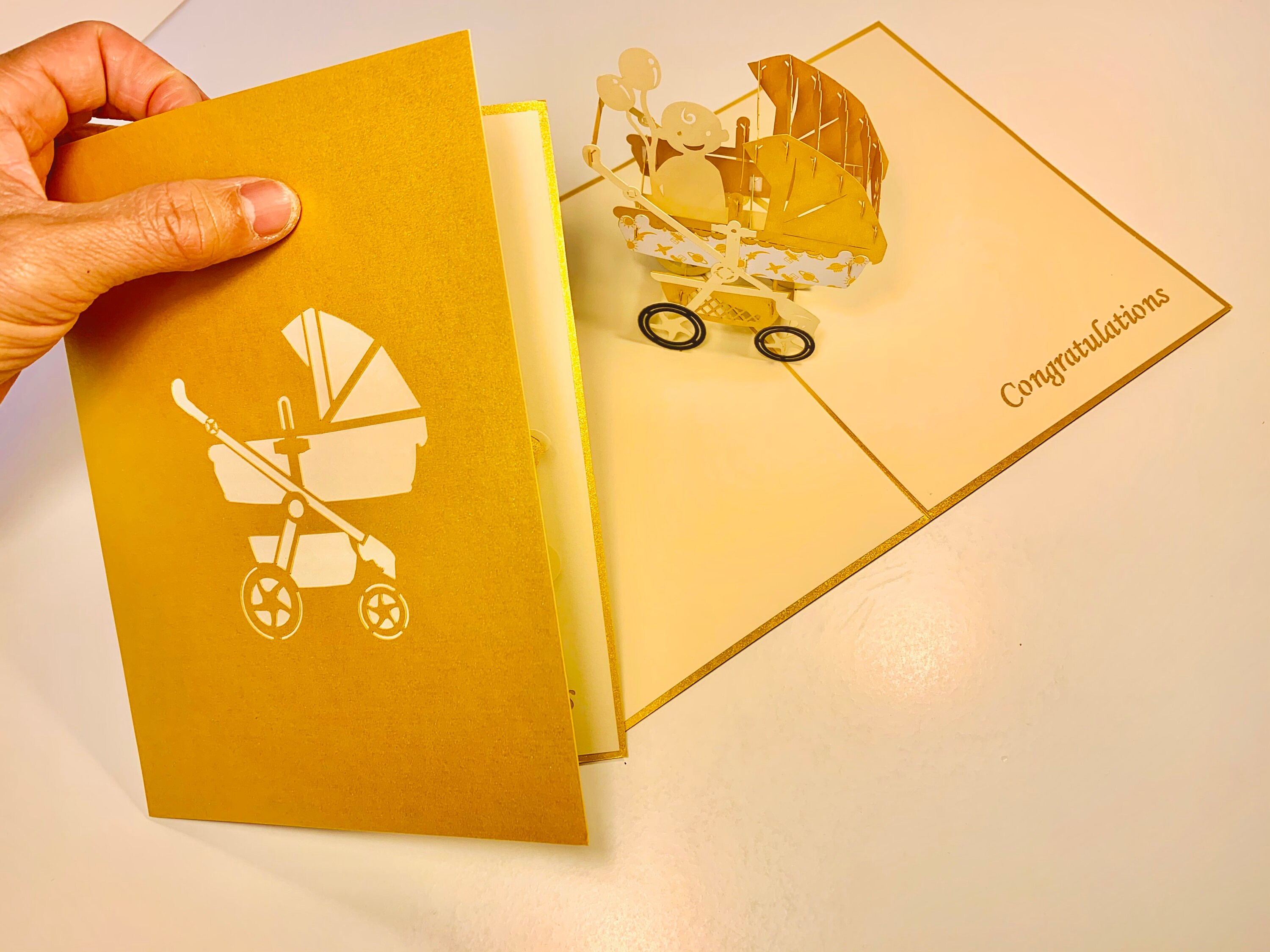 Baby Carriage Pram Gold Pop up Greeting Card Created by Origami Pop ...