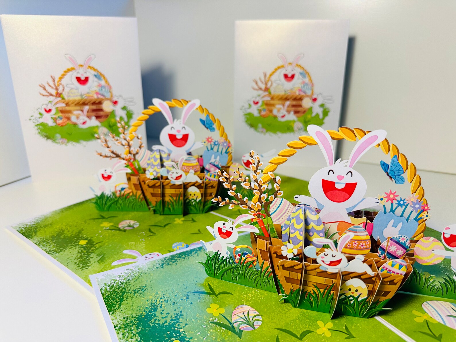Happy Easter Bunny Basket Rabbit Egg Spring Flowers 3D Pop up Greeting ...