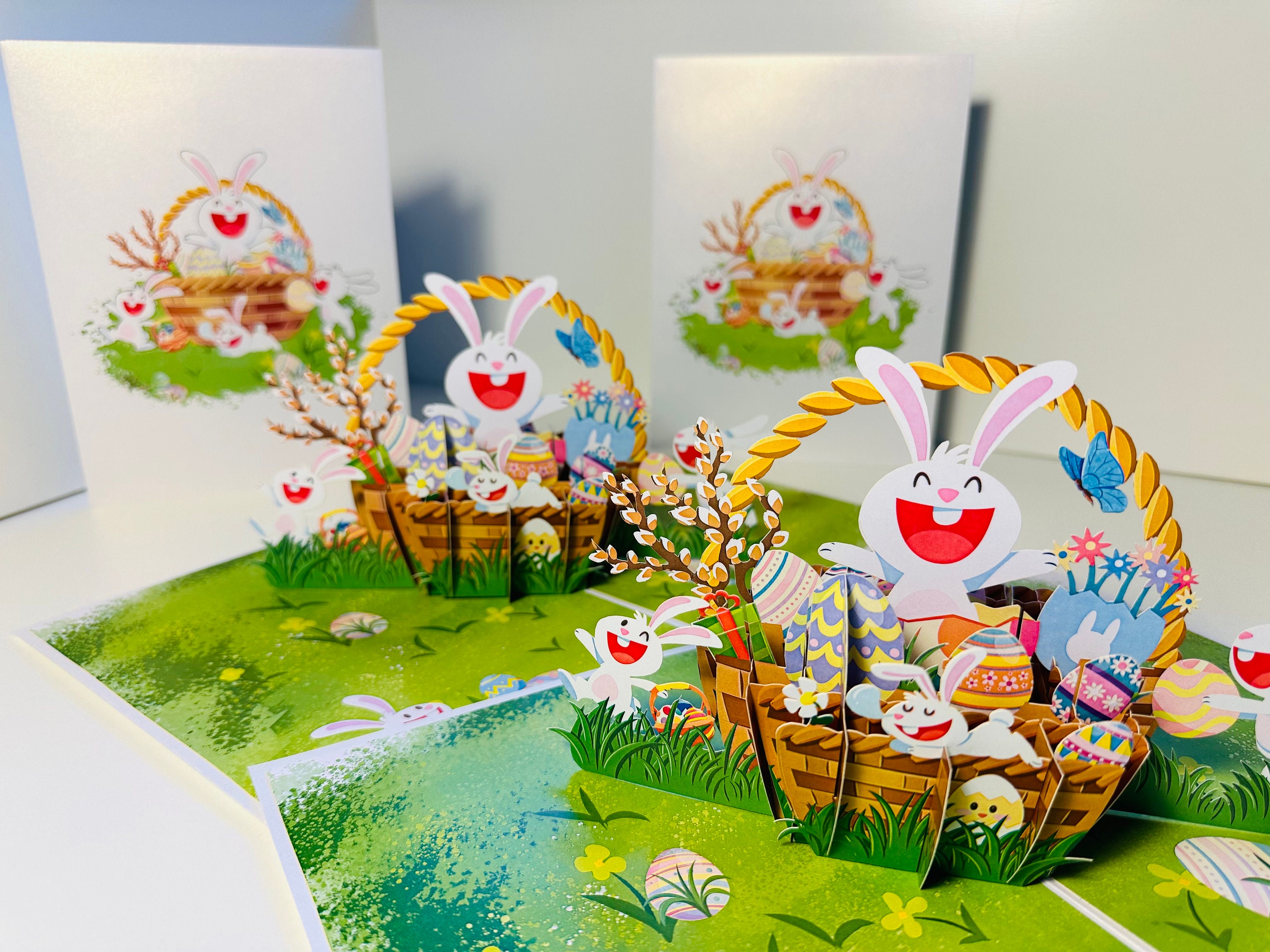 Happy Easter Bunny Basket Rabbit Egg Spring Flowers 3D Pop up Greeting ...
