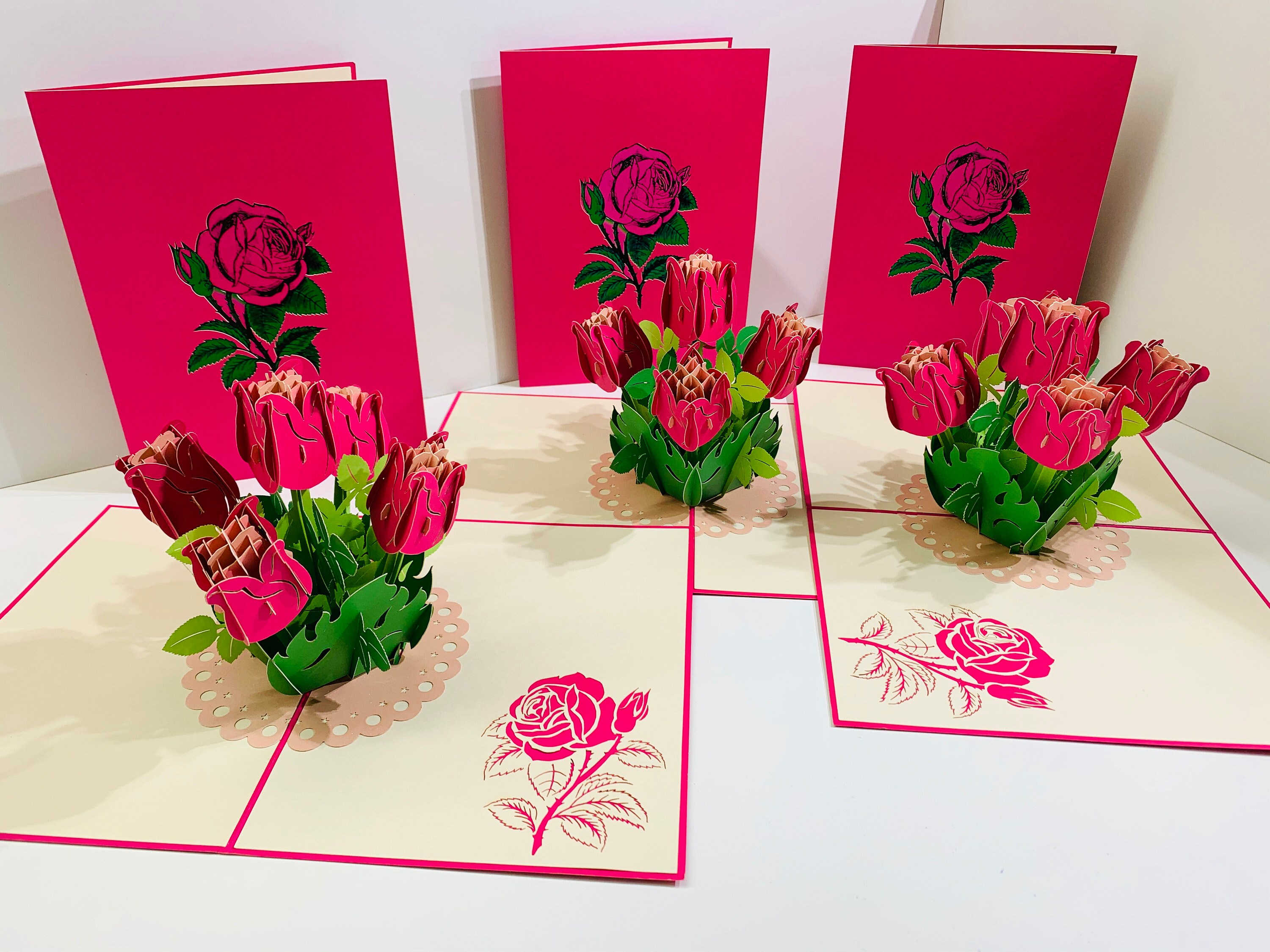 Hot Pink Rose Bouquet Card Created by Origami Pop Cards 3D - Etsy
