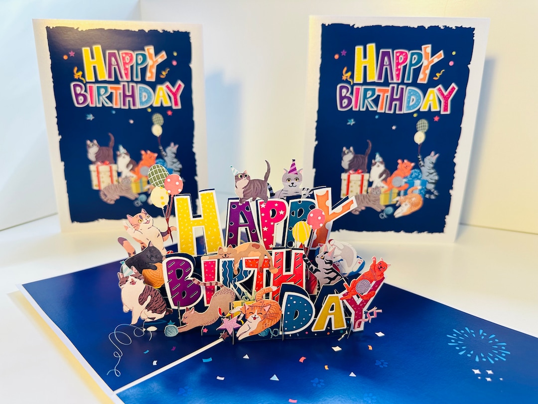 Happy Birthday Cat Party With Presents Handmade by Origami Pop Cards 3D ...