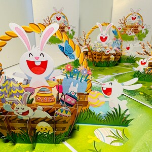 Happy Easter Bunny Basket Rabbit Egg Spring Flowers 3D Pop up Greeting ...
