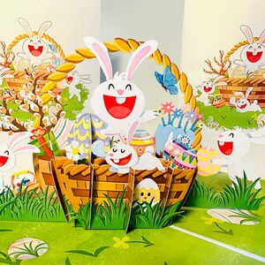 Happy Easter Bunny Basket Rabbit Egg Spring Flowers 3D Pop up Greeting ...