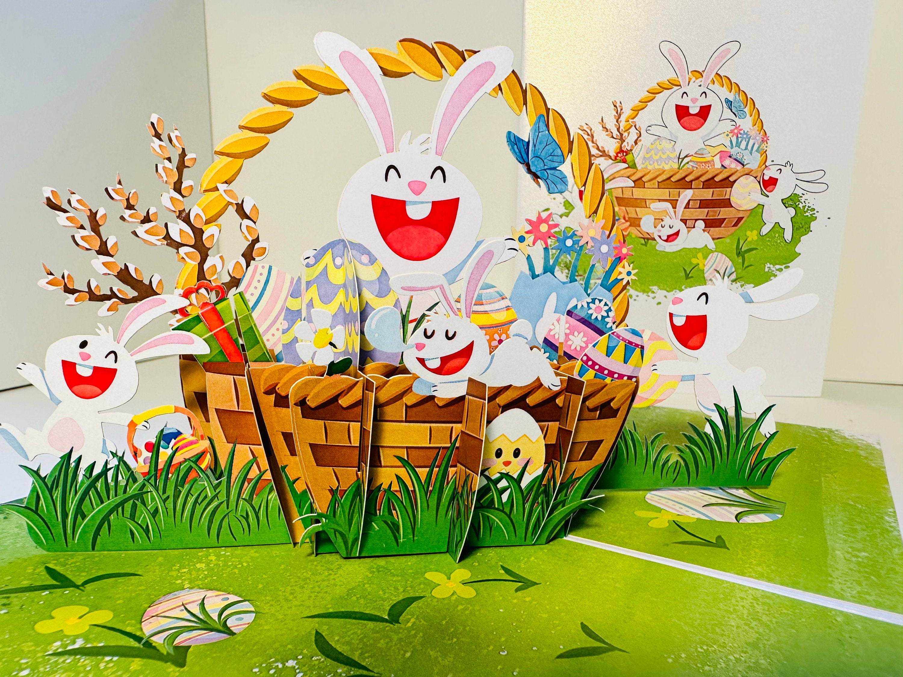 Happy Easter Bunny Basket Rabbit Egg Spring Flowers 3D Pop up Greeting ...