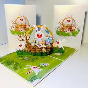Happy Easter Bunny Basket Rabbit Egg Spring Flowers 3D Pop up Greeting ...