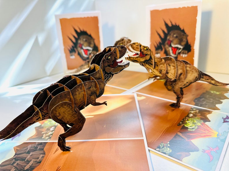 Brown Running T-rex Dinosaur 3D Birthday Greeting Card Origami Handmade ...