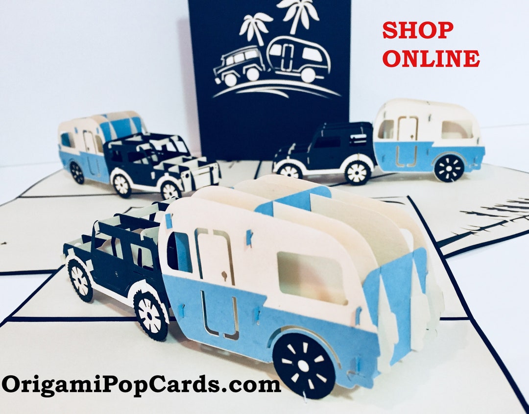 4WD Towing a Vintage Caravan in Blue - Created by Origami Pop Cards ...