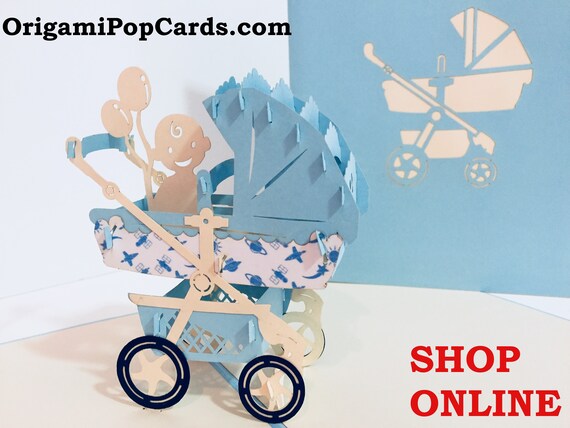 Baby Carriage Pram Blue 3D Birthday Greeting Card Origami - Etsy Australia
