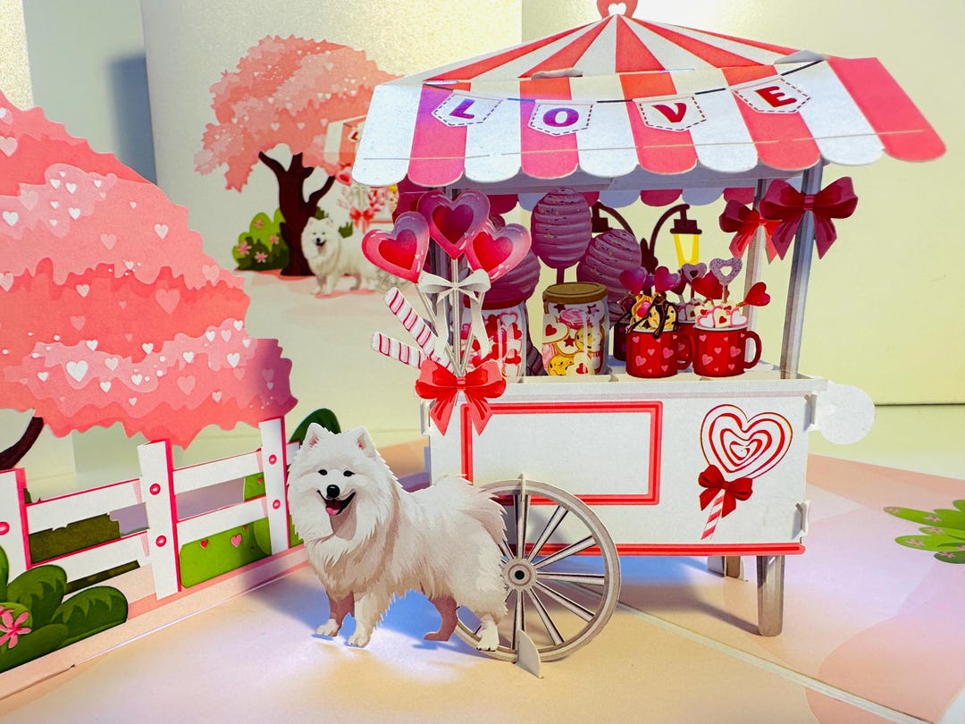Samoyed Dog With a LOVE Lollipop Cart 3D Pop up Greeting Card - Perfect ...