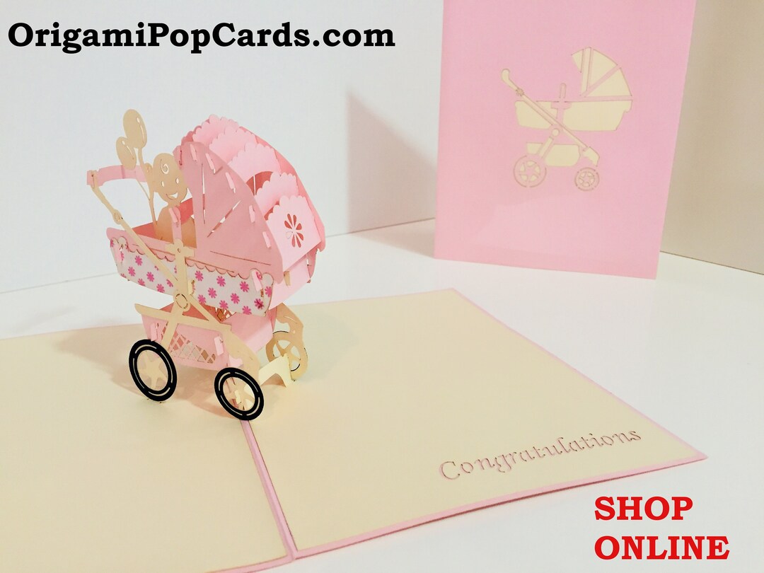 Baby Carriage Pram in Pink 3D Birthday Greeting Card Origami Handmade ...